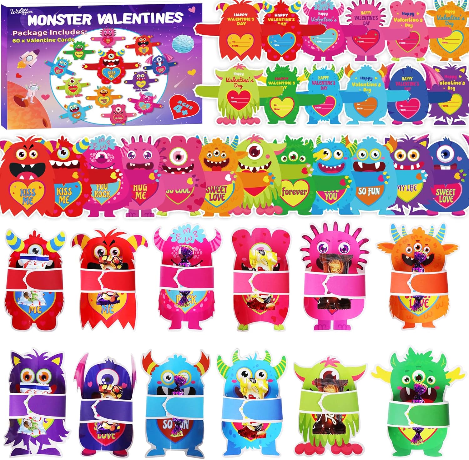 Amazon.com : 60pcs Monster Valentines Day Lollipop Candy Holder Cards ...