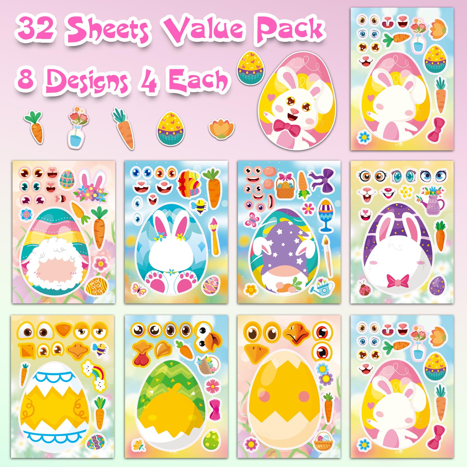 Snapklik.com : 32 Sheets Easter Make A Face Animal Stickers Mix And ...