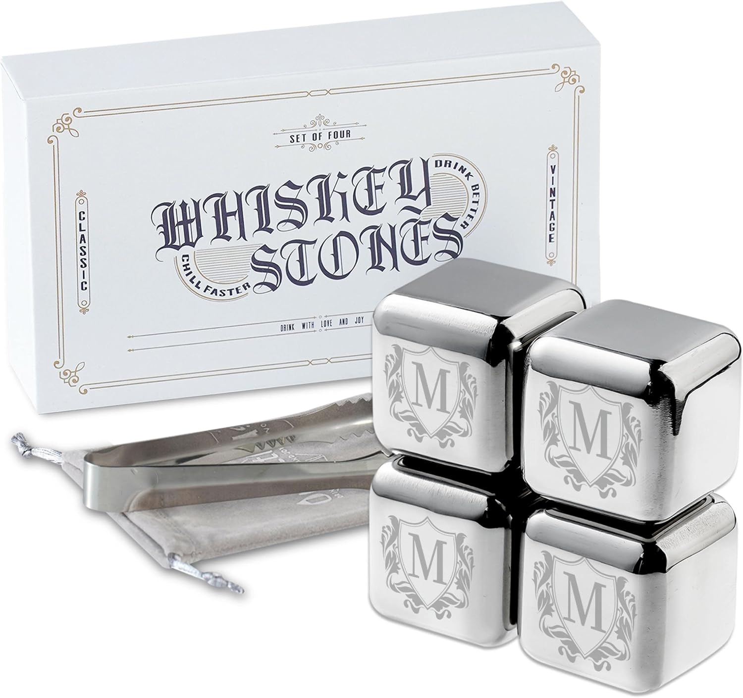 Amazon.com: Whiskey Stones Gifts Set with Initial for Men & Women, 4pcs ...
