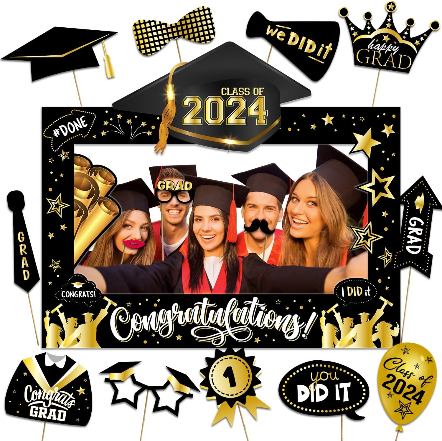 Amazon.com: Black and Gold Graduation Decorations Photo Booth Props ...
