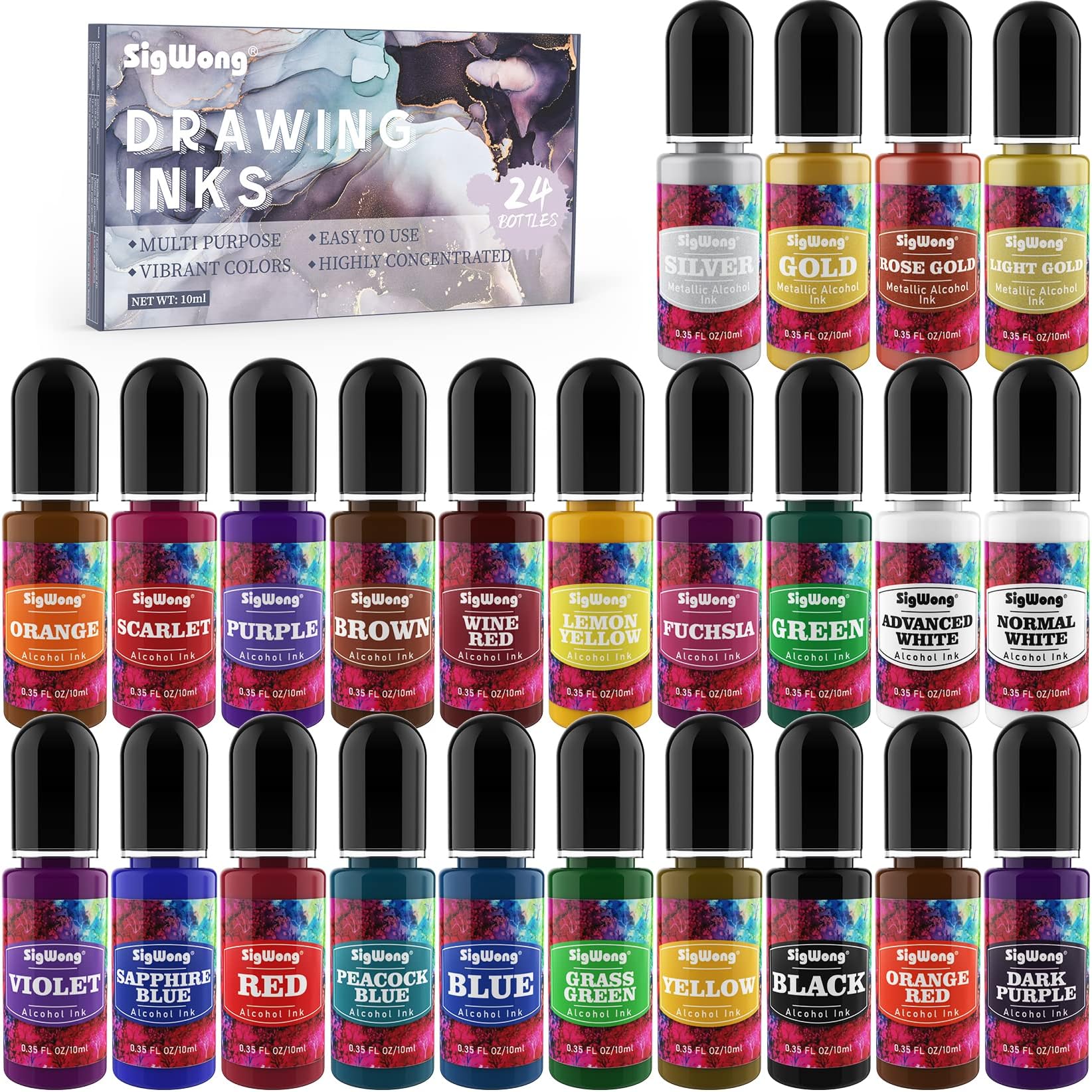 Alcohol Ink Set - 24 Bottles Vibrant Colors High Concentrated Alcohol ...