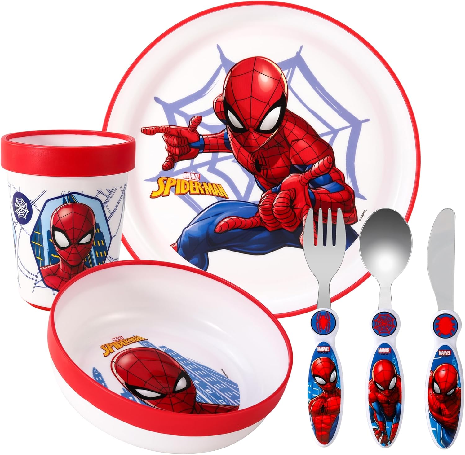 Spiderman Kids 6 Piece Reusable Dinner Set - Plate/Bowl/Cup/Knife/Fork ...