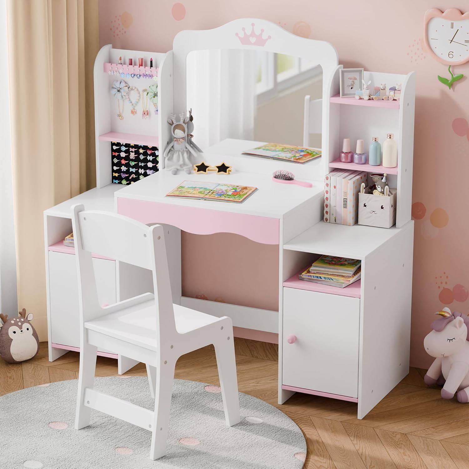 Amazon.com: Kids Vanity, Girl Vanity Set with Storage Cabinet & Open ...