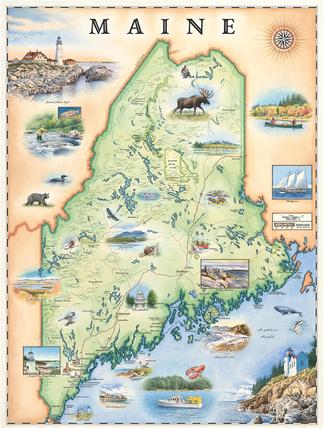 Amazon.com: Xplorer Maps Maine State Hand-Drawn Map Poster - Authentic ...