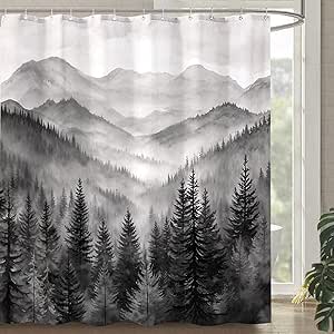 Amazon.com: Accnicc Forest Mountain Shower Curtain Black and White Nature Misty Pine Tree Shower ...