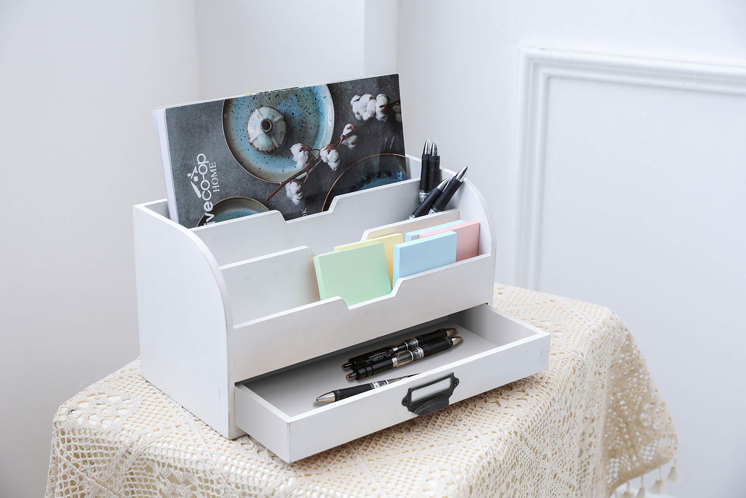 EMAISON White Wooden Desk Organizer with Sliding Drawer, 3 Tire Office ...