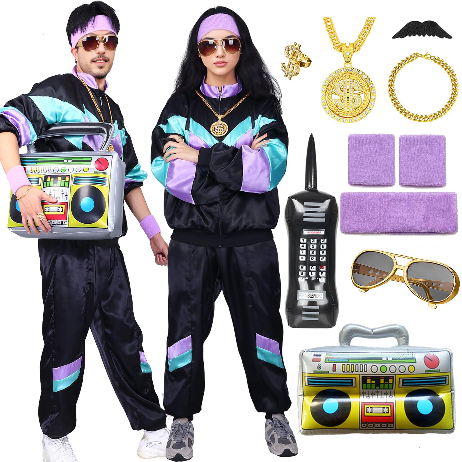 Amycute 80s Shell Suit Costume Men Women Retro Tracksuit 1980s Fancy ...