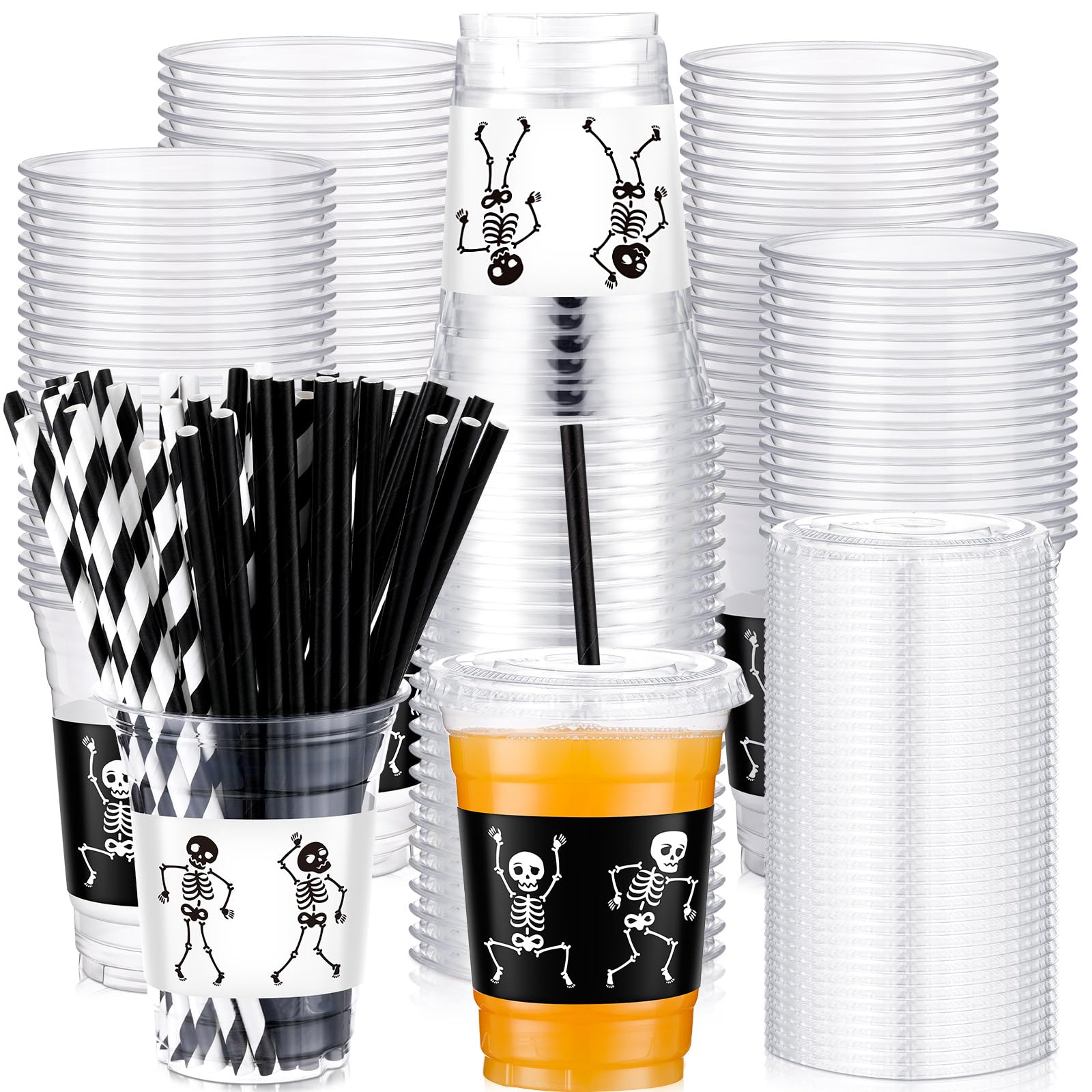 Amazon.com: 100 Set Skeleton Halloween Plastic Cups with Lids and ...