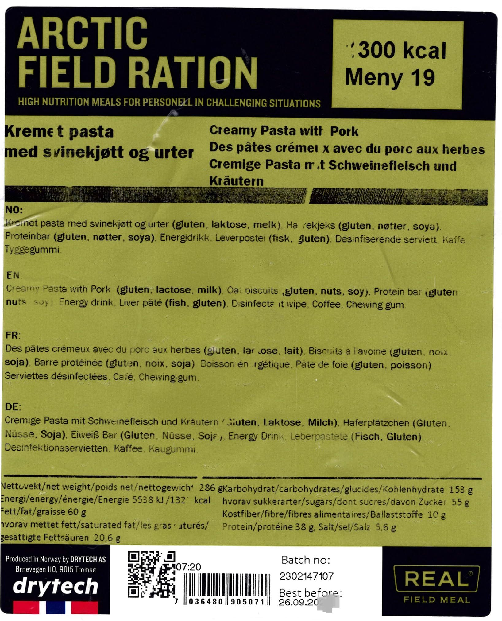 Buy Real Turmat DryTech Arctic Field Ration Pack Creamy Pasta with Pork ...