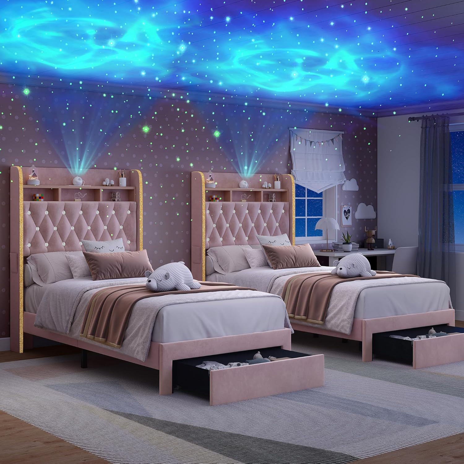 Amazon.com: Torana 2 Set Twin LED Bed Frame with Large Drawer, 53" Tall ...