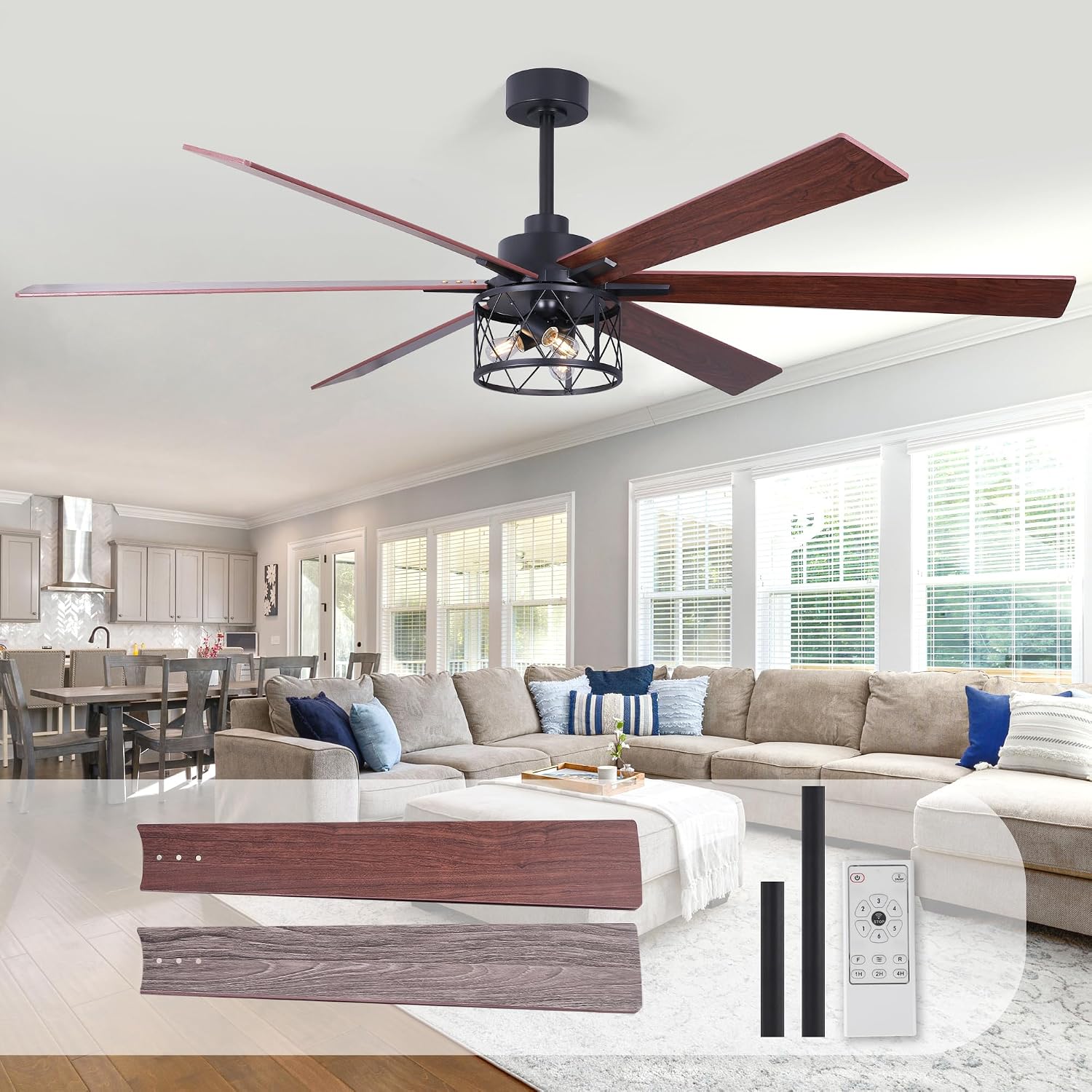 REDSTAR 72" Semi Flushmount Ceiling Fan with Light and Remote ...