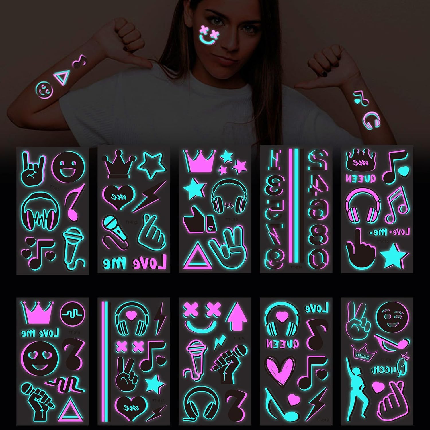 10 Sheet Neon Temporary Tattoos Glow In Dark, Waterproof Face Tattoos ...