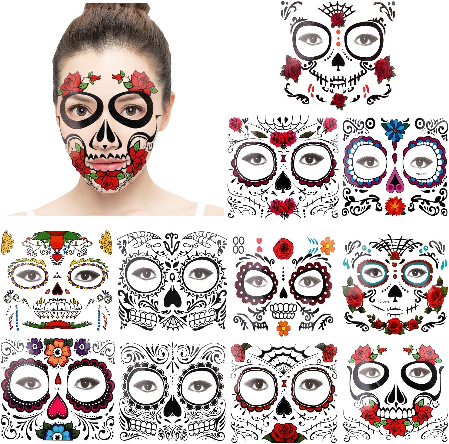 Halloween Face Temporary Tattoos (11 Pack), Konsait Day of the Dead ...