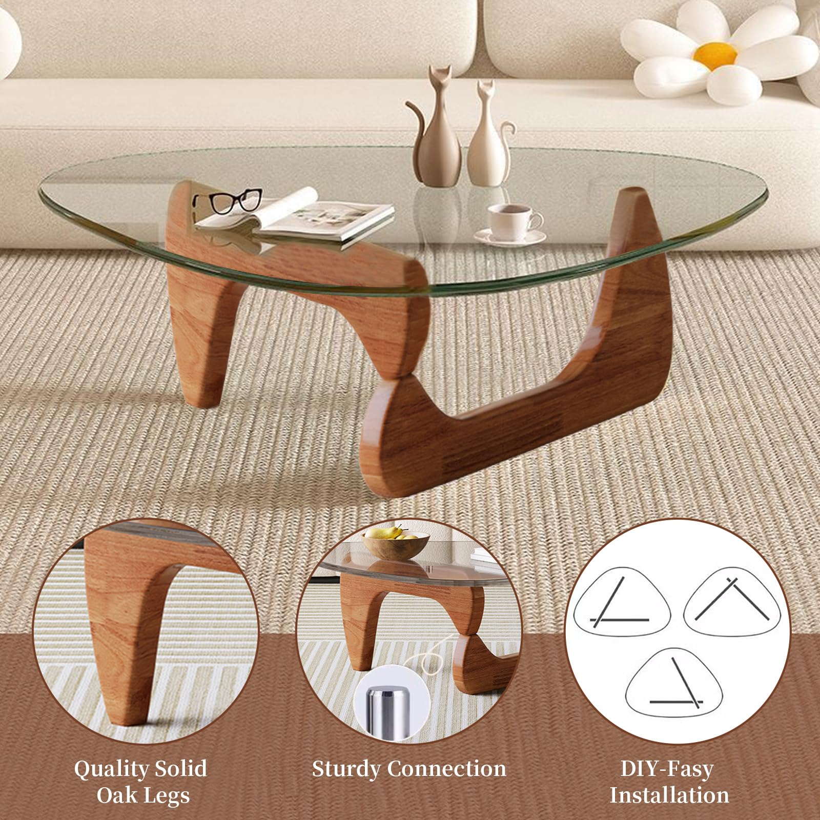 Snapklik.com : Triangle Glass Coffee Table, Mid Century Solid Wood Base ...