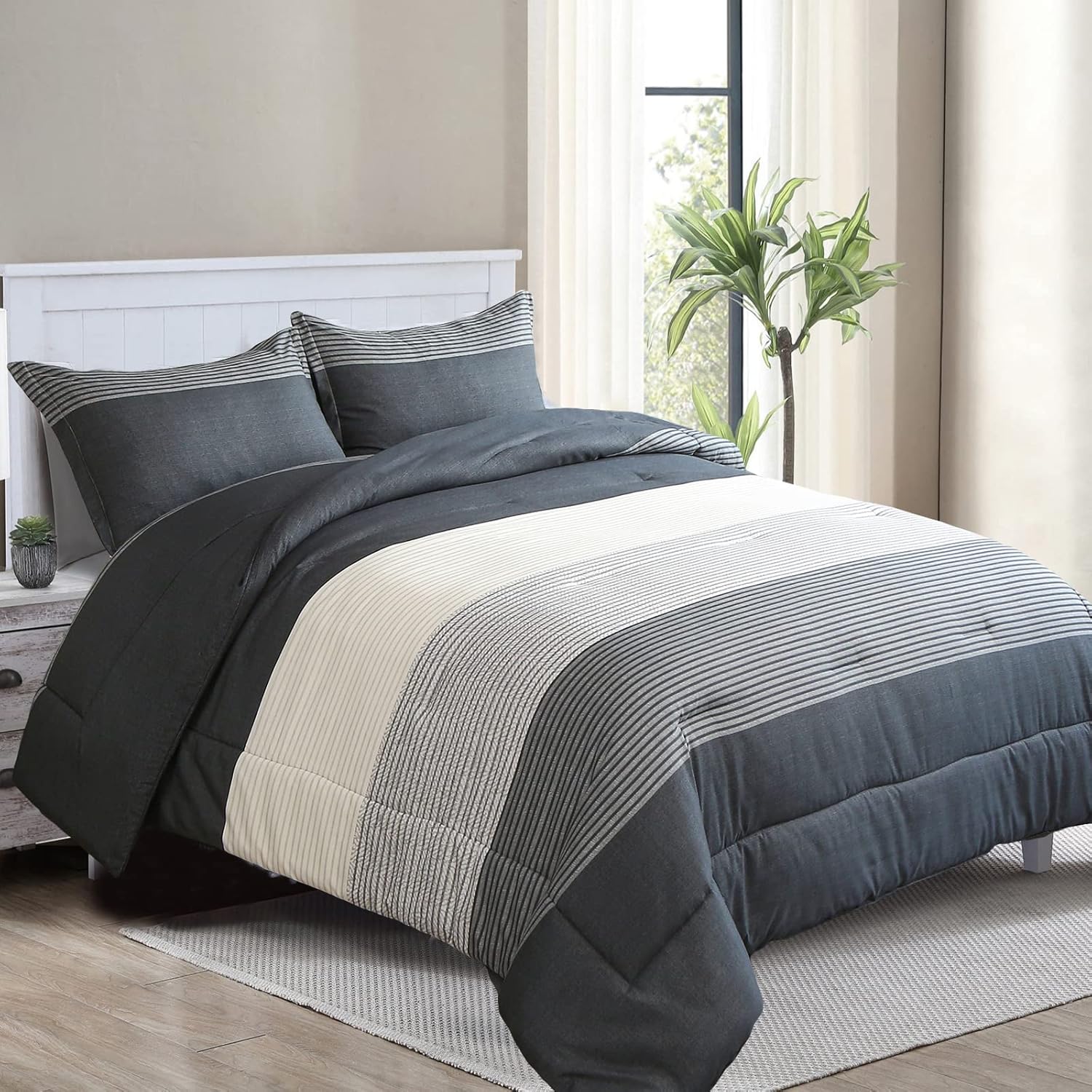 Juego de edredón gris oscuro, tamaño King, reversible, a rayas gris ...
