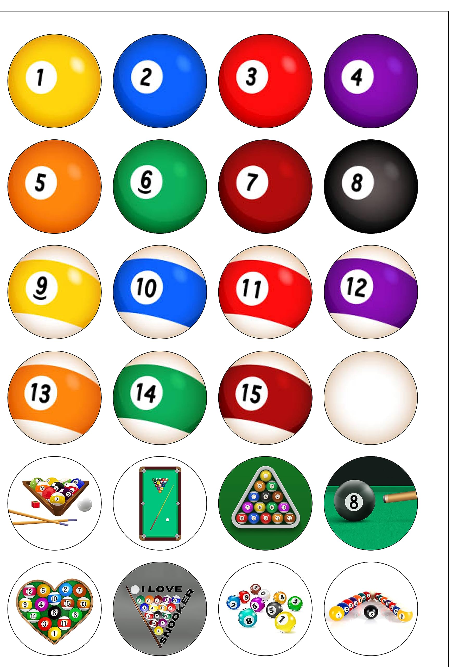 24 Pre-Cut Round Pool Balls Snooker Themed Edible Wafer paper Cake ...