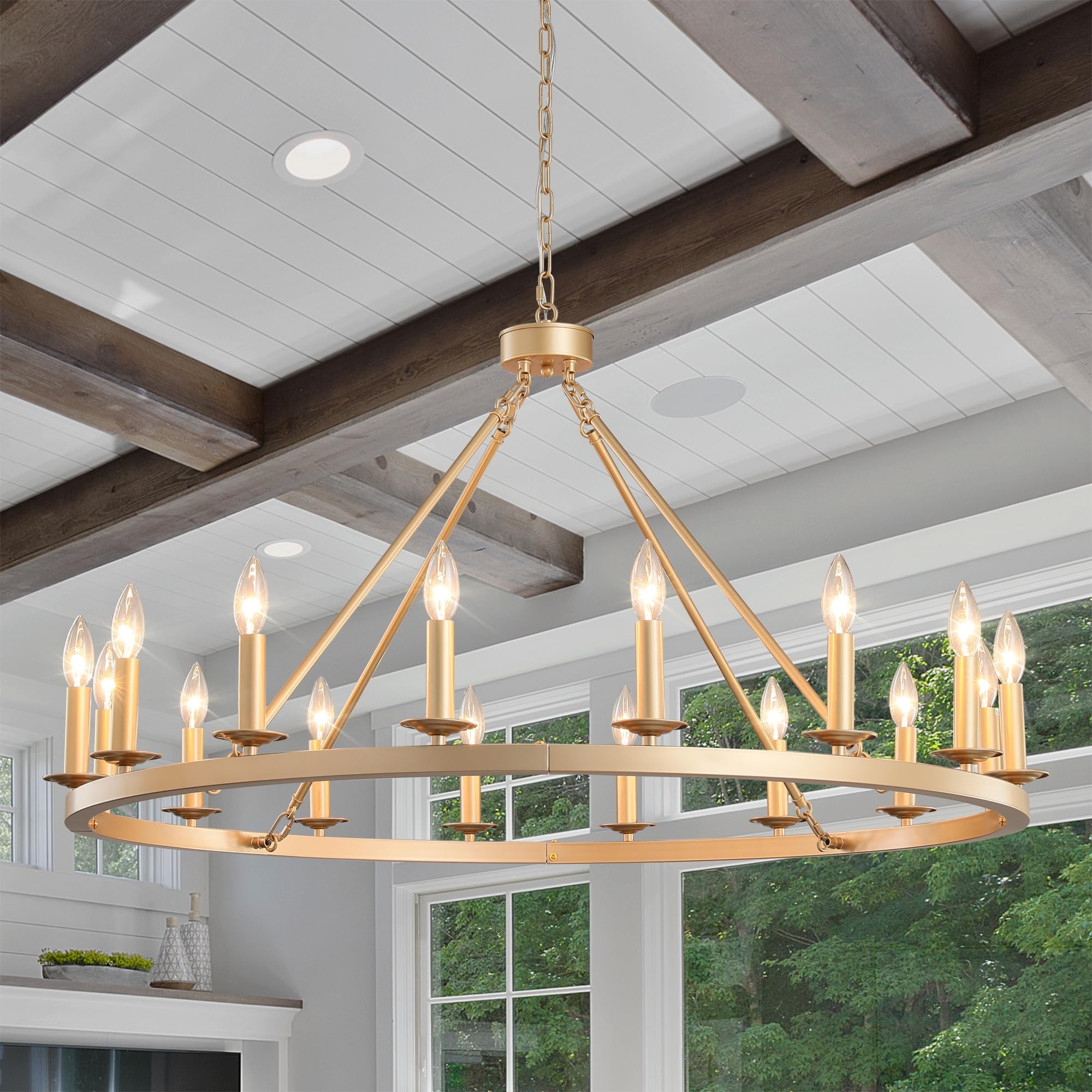 YIOSI 16-Lights Gold Chandelier,Wagon Wheel Chandelier with Glass Shade ...