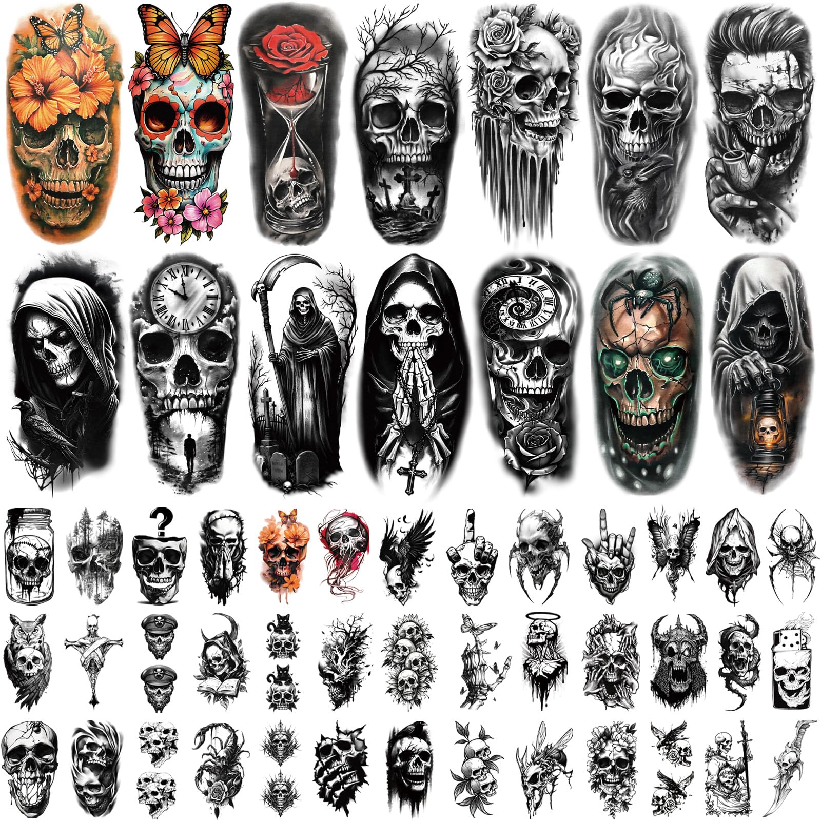 Amazon.com : Skull Temporary Tattoos for Adults, 77 Sheets Skeleton ...