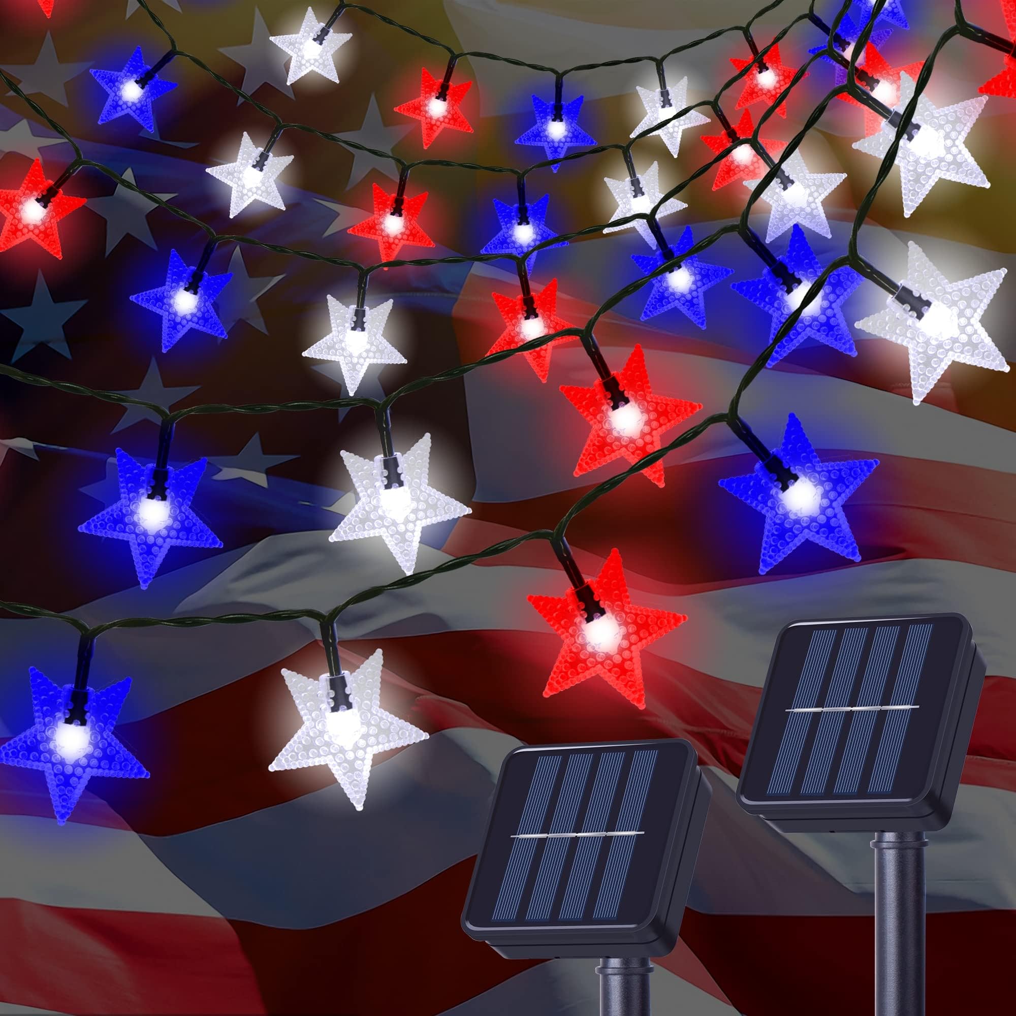 2 Pack Solar Powered Outdoor Patriotic Star String Lights, 100 LED 33 ...