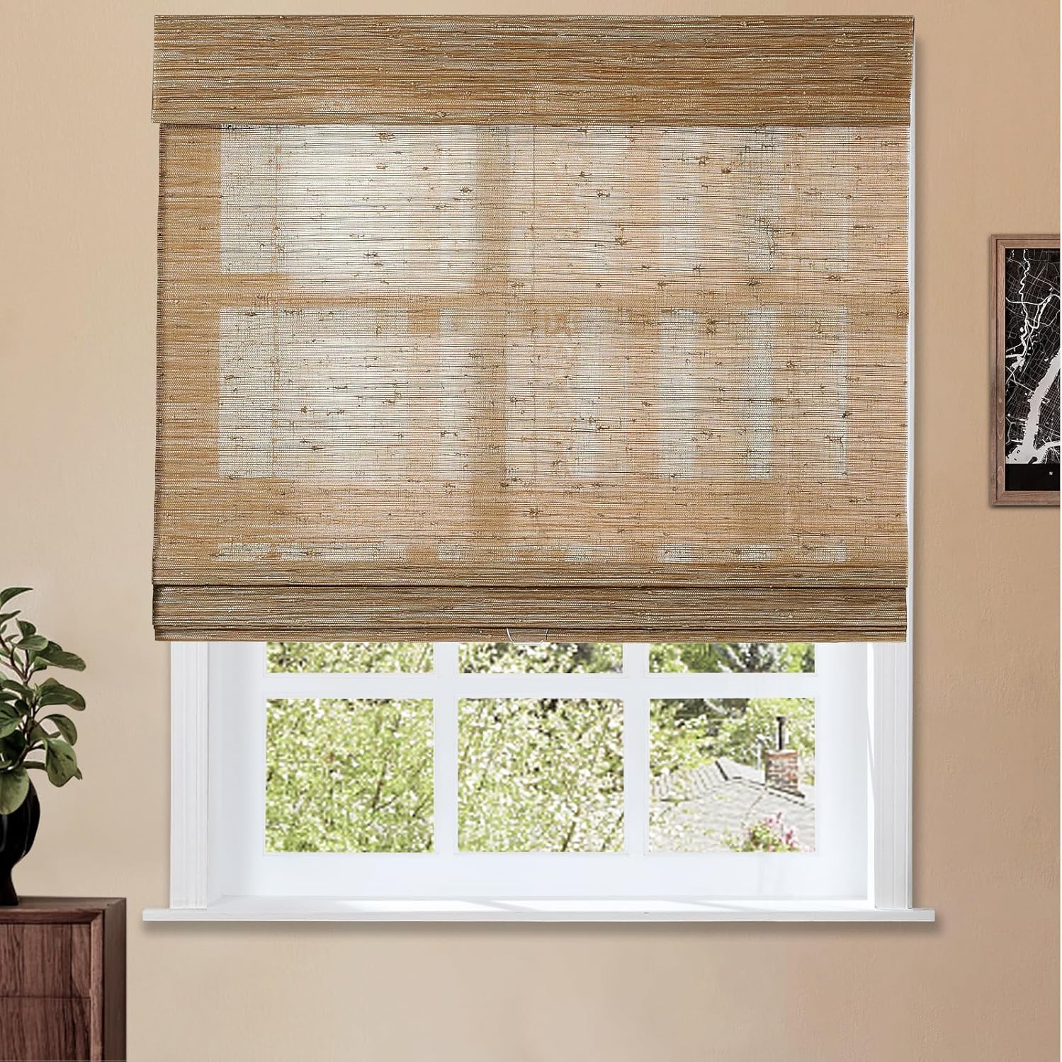 Amazon.com: TWOPAGES Natural No Drill Cordless Jute Roman Shade ...