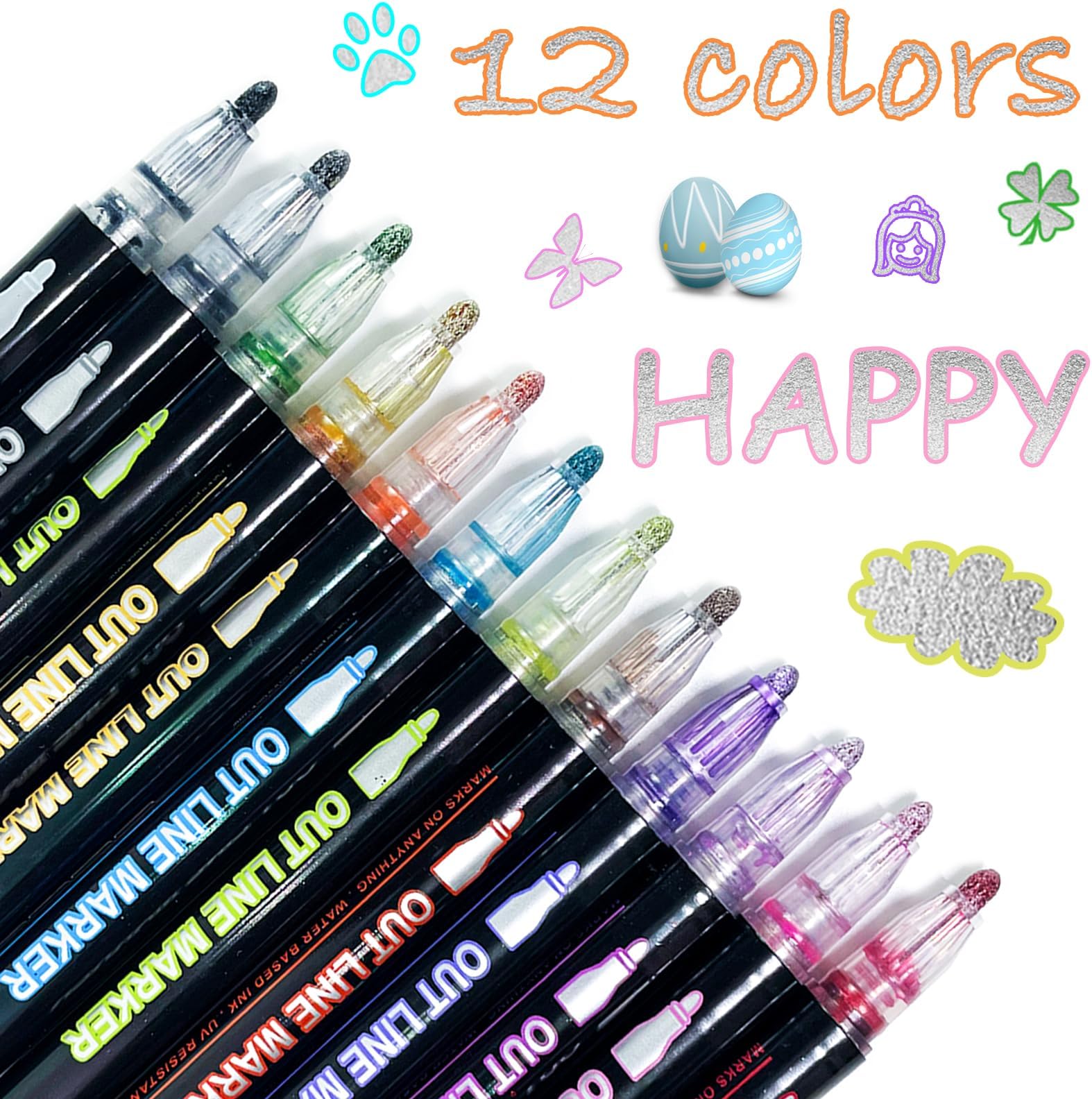 LYINUR Glitter Pens Outline Pens, 12 Colours Double Line Outline ...