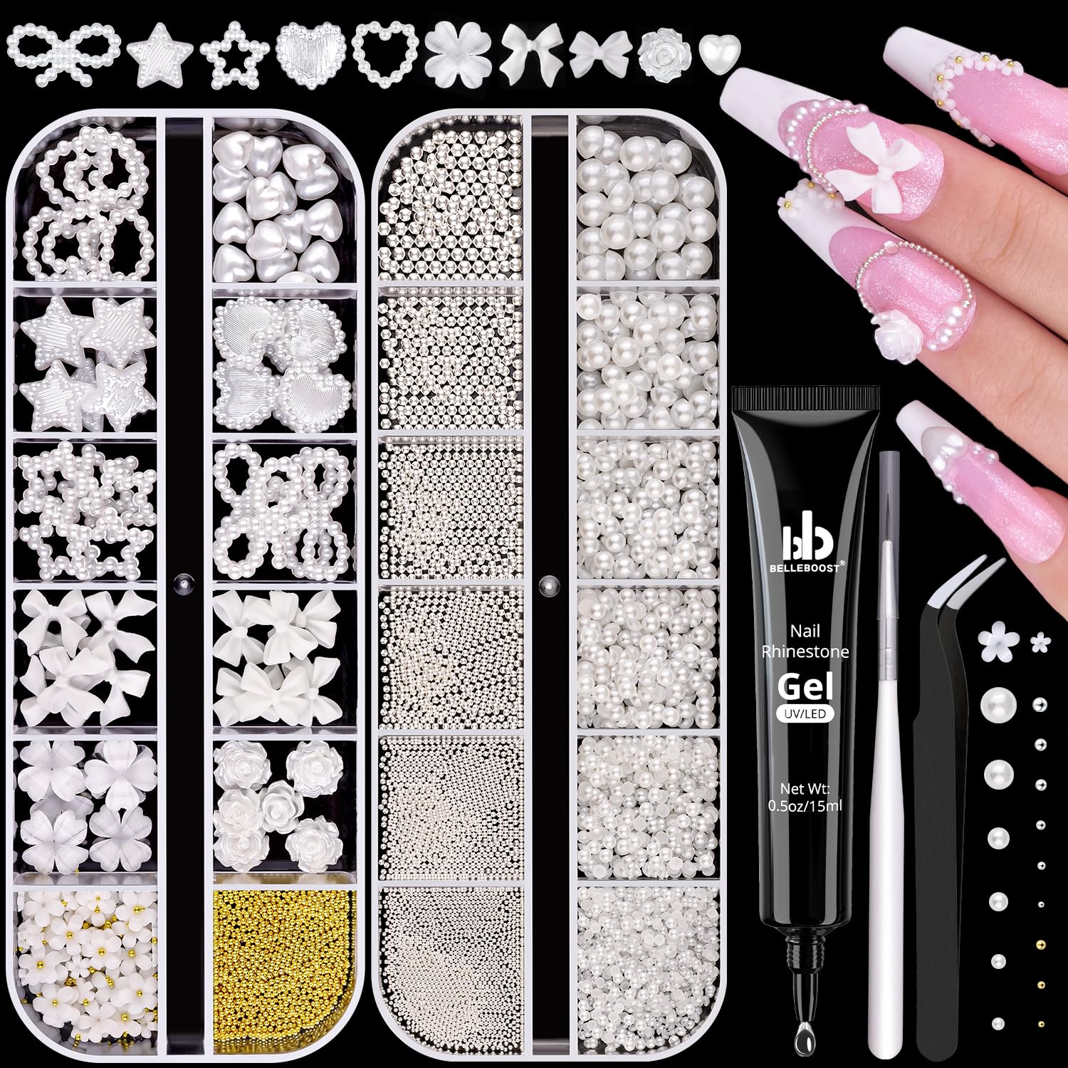 Amazon.com: Flatback Pearls and Metal Nail Beads with Rhinestones Glue ...