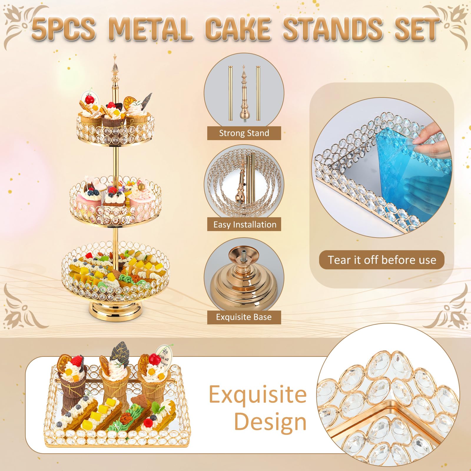Snapklik.com : Suttmin 5 Pcs Gold Metal Cake Set Mirror Crystal Dessert ...