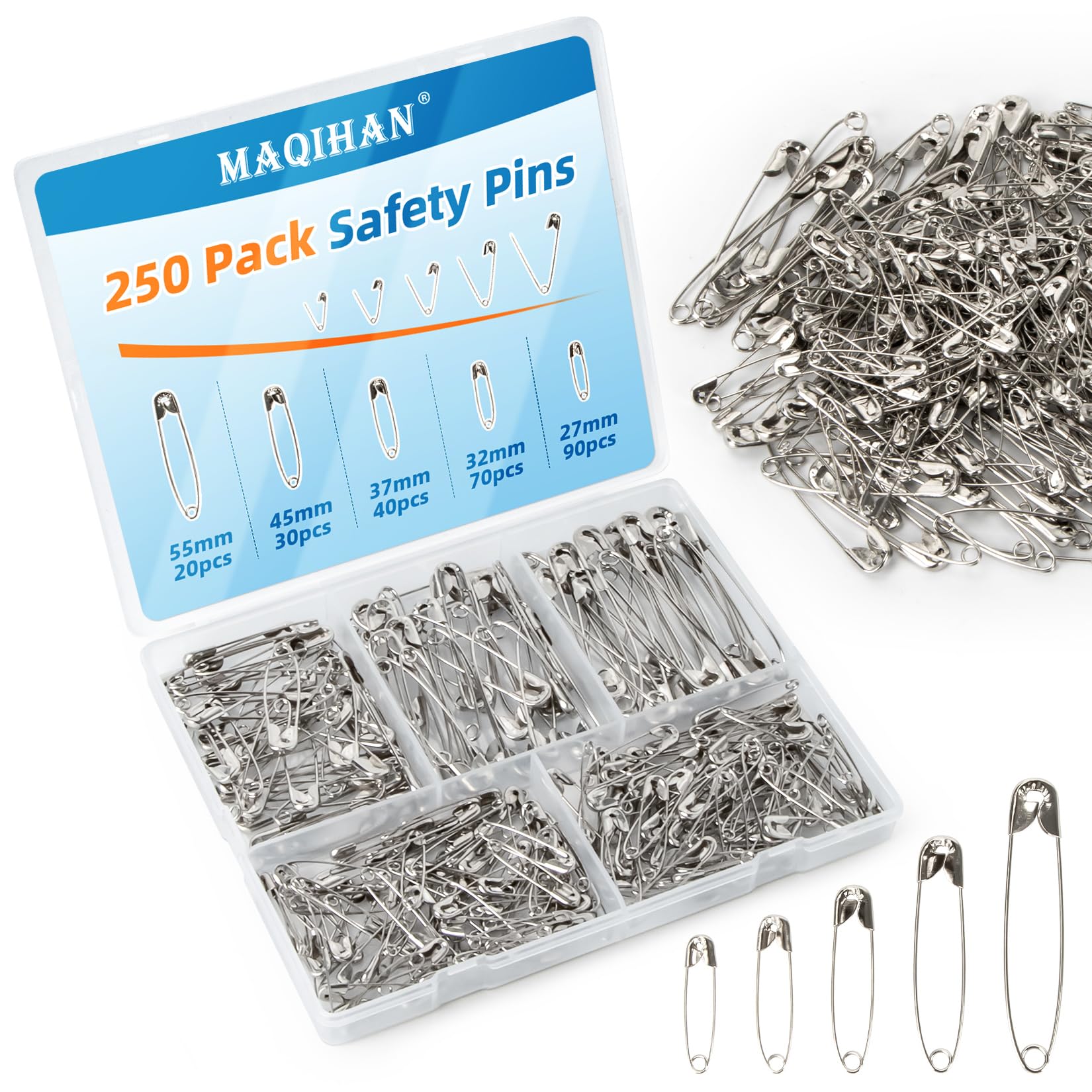 Amazon.com: Safety Pins - 250 pcs Assorted Size Safety Pins for Clothes ...
