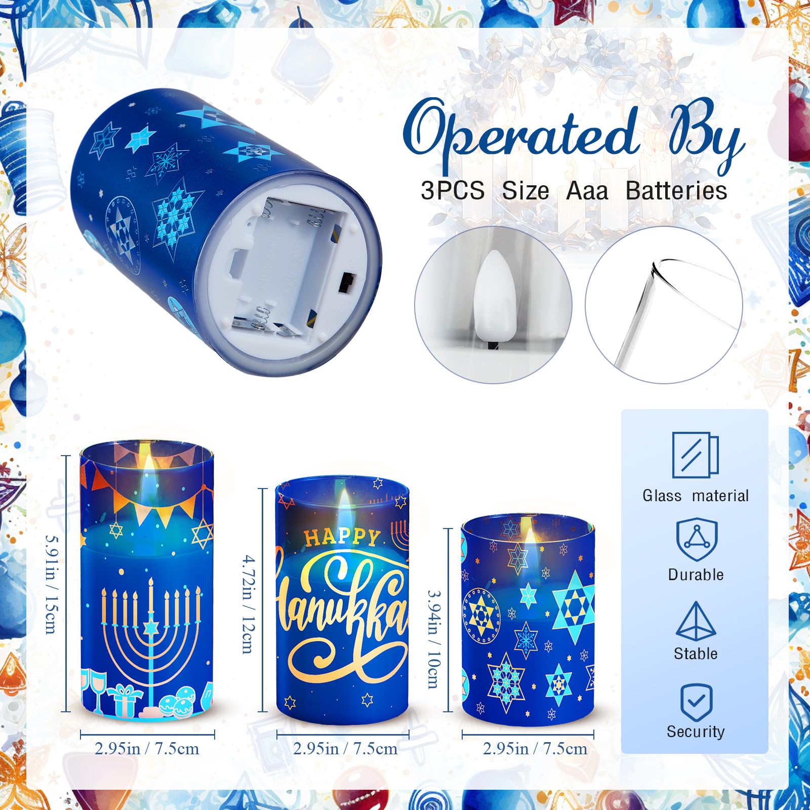 Leinuosen 6 Pack Glass Hanukkah Flameless Candles LED Candles Battery ...