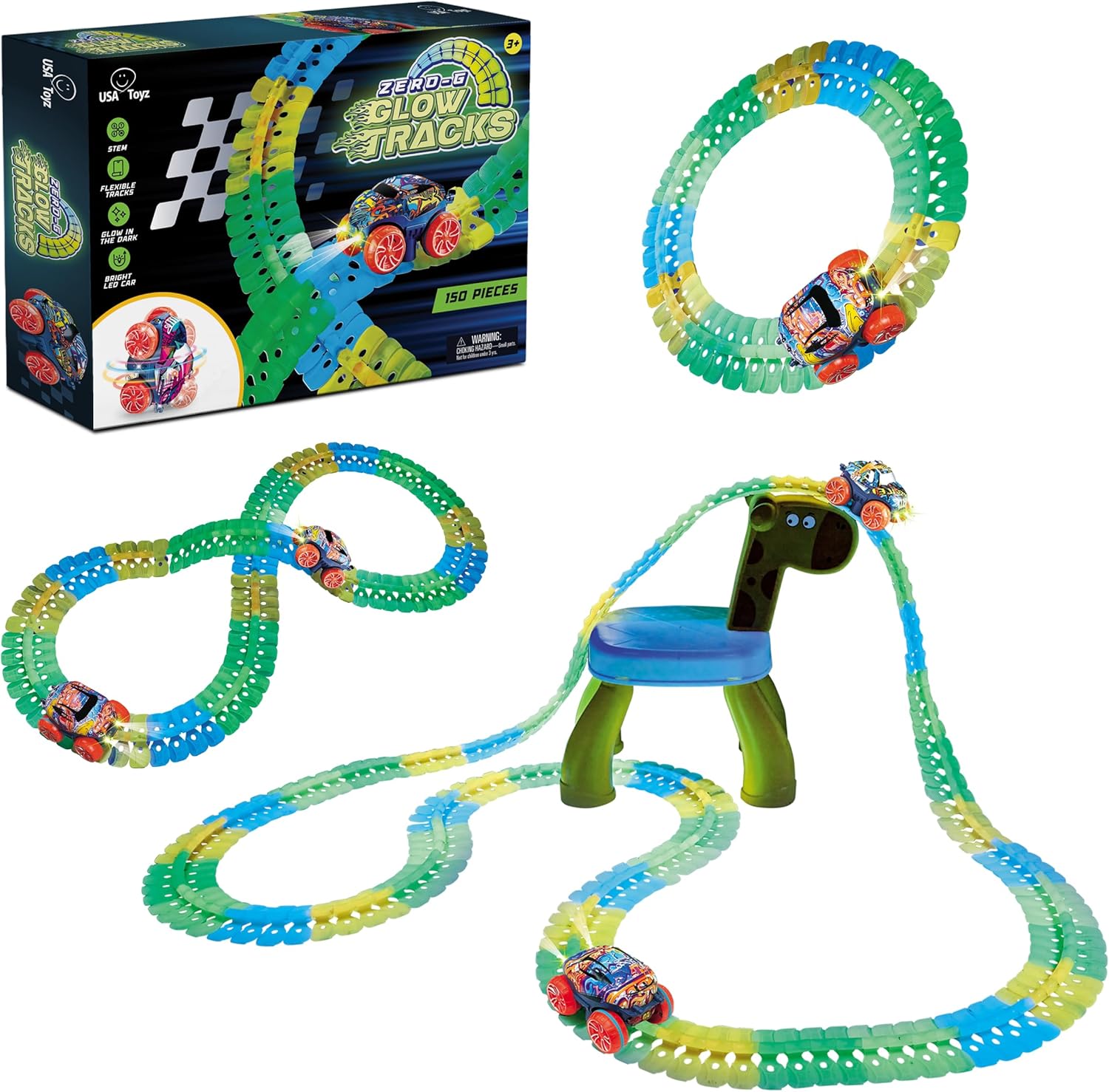 Amazon.com: USA Toyz Zero-G Glow Race Track for Kids- 150pcs Glow in the Dark Flexible Race Car ...
