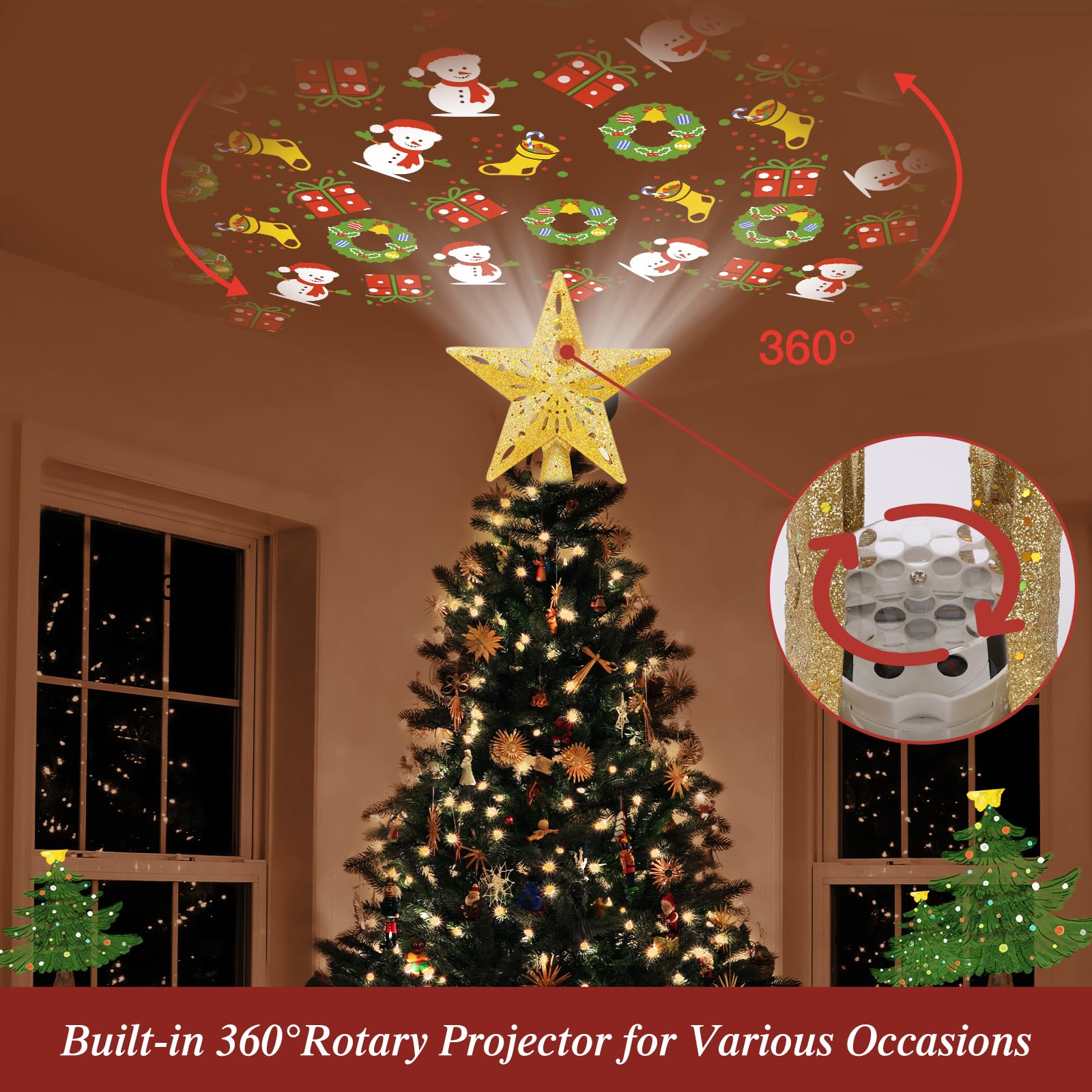 Christmas Tree Topper Lighted With 6 Patterns Projector, Christmas Star ...