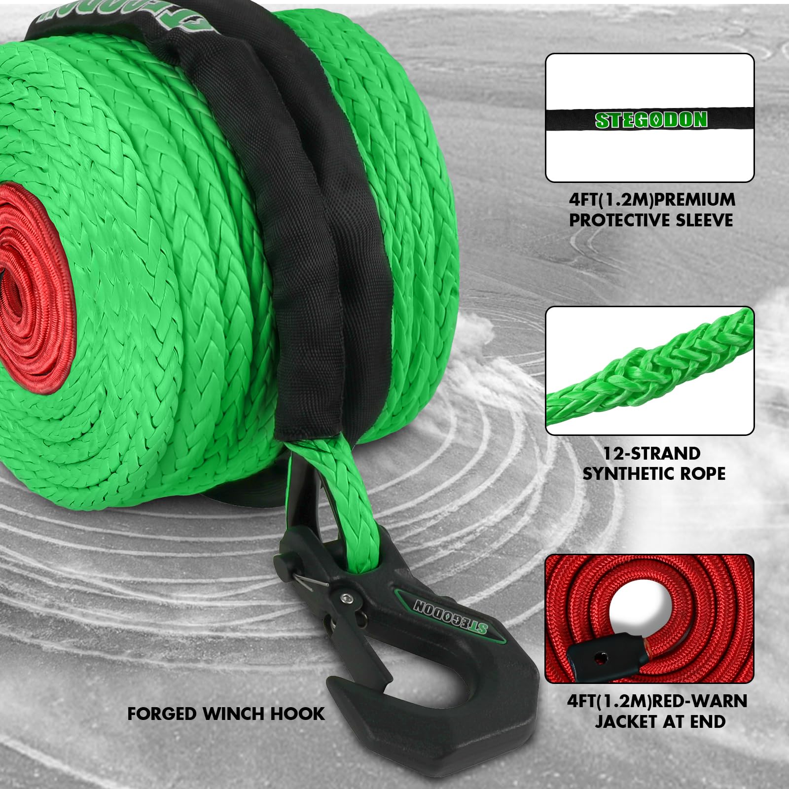 Snapklik.com : STEGODON Winch Rope 1/2in X 85ft Synthetic Winch Rope ...