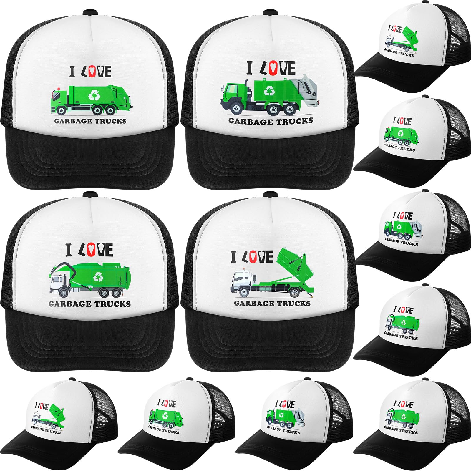 Sintege 12 Pcs I Love Garbage Trucks Hat for Kids Summer Adjustable ...