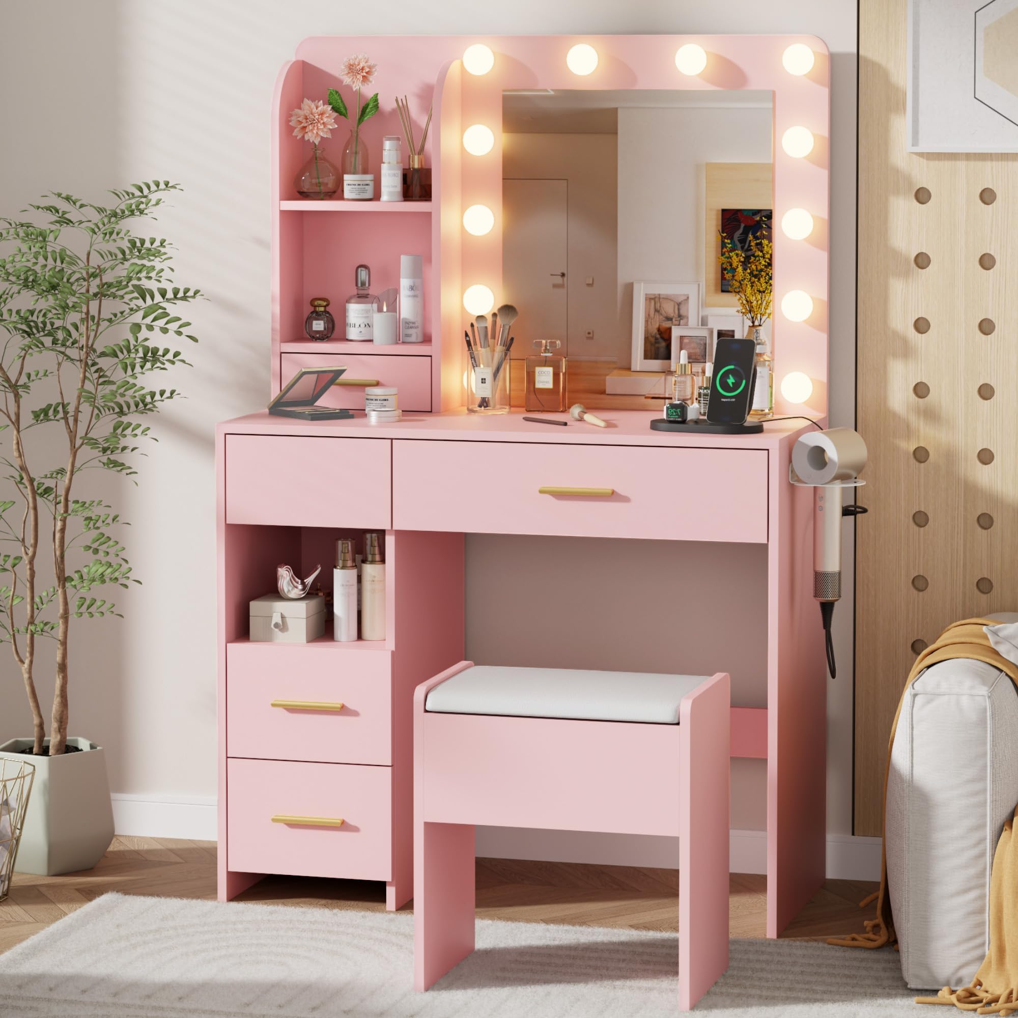 Amazon.com: Otterease Vanity Desk with LED Lighted Mirror&Power Outlet ...