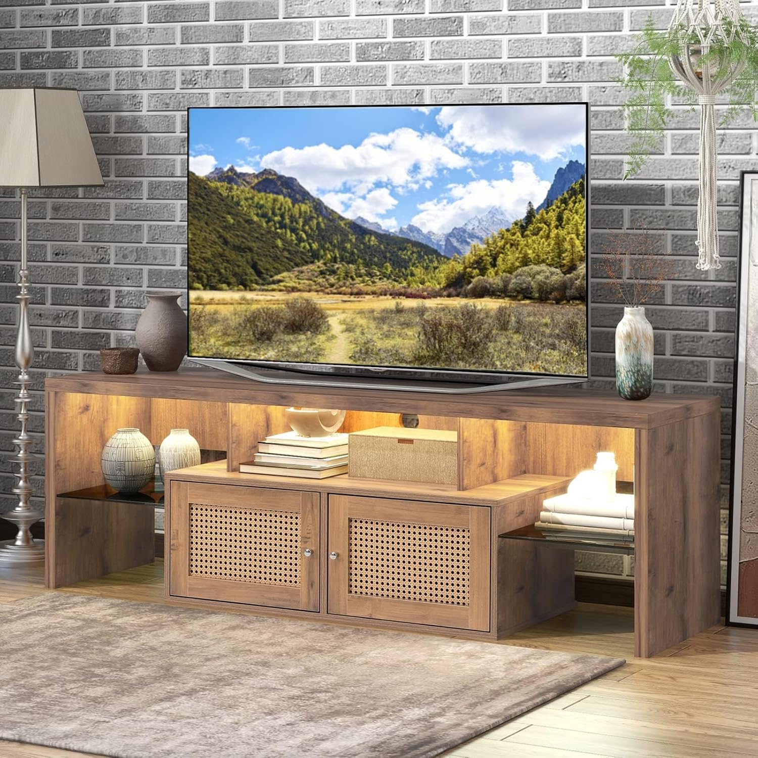Amazon.com: LPKRPL Rattan TV Stand Boho TV Stand with Adjustable LED ...