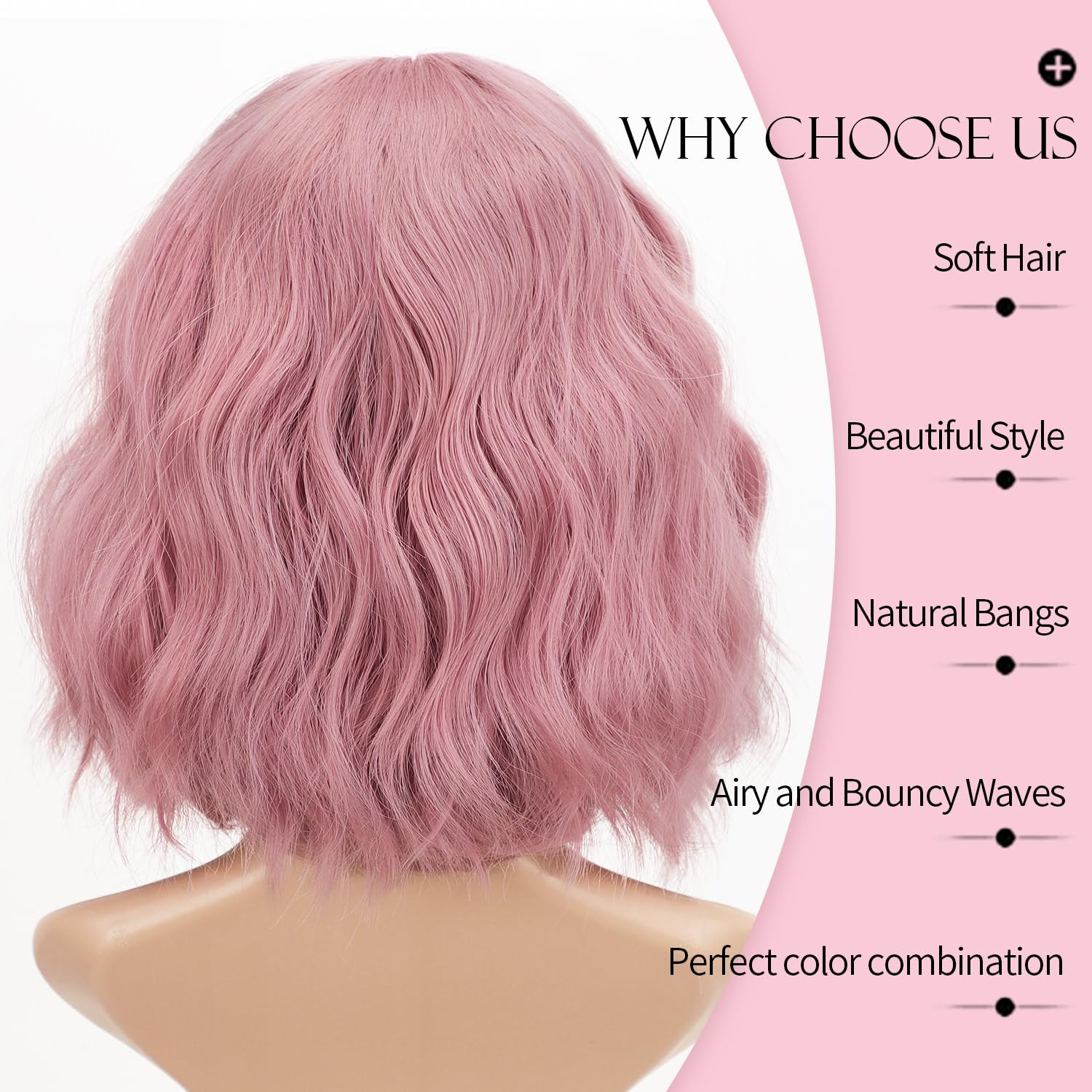 AISI HAIR Peluca rosa con flequillo, pelucas cortas onduladas de color ...
