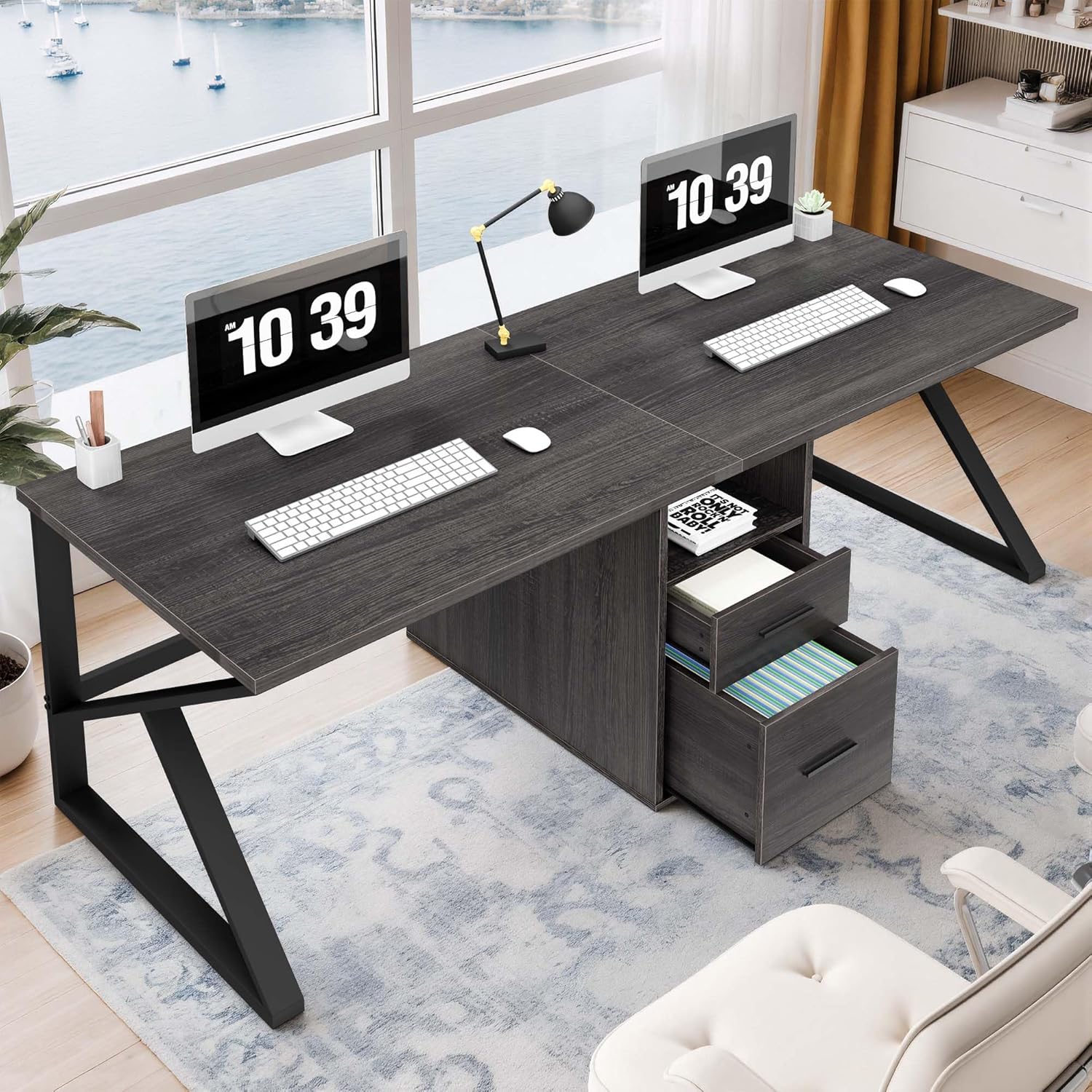 Amazon.com: IBF Grey 2 Person Computer Desk, 79" Long Writing Dual Desk ...