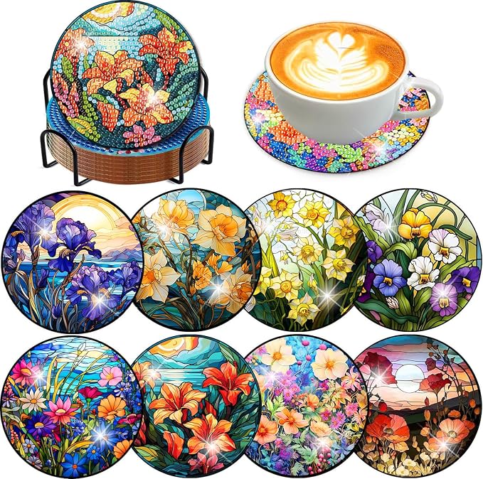 Amazon.com: Meothan 8 Pack Diamond Art Coasters Kit-Flowers Diamond ...