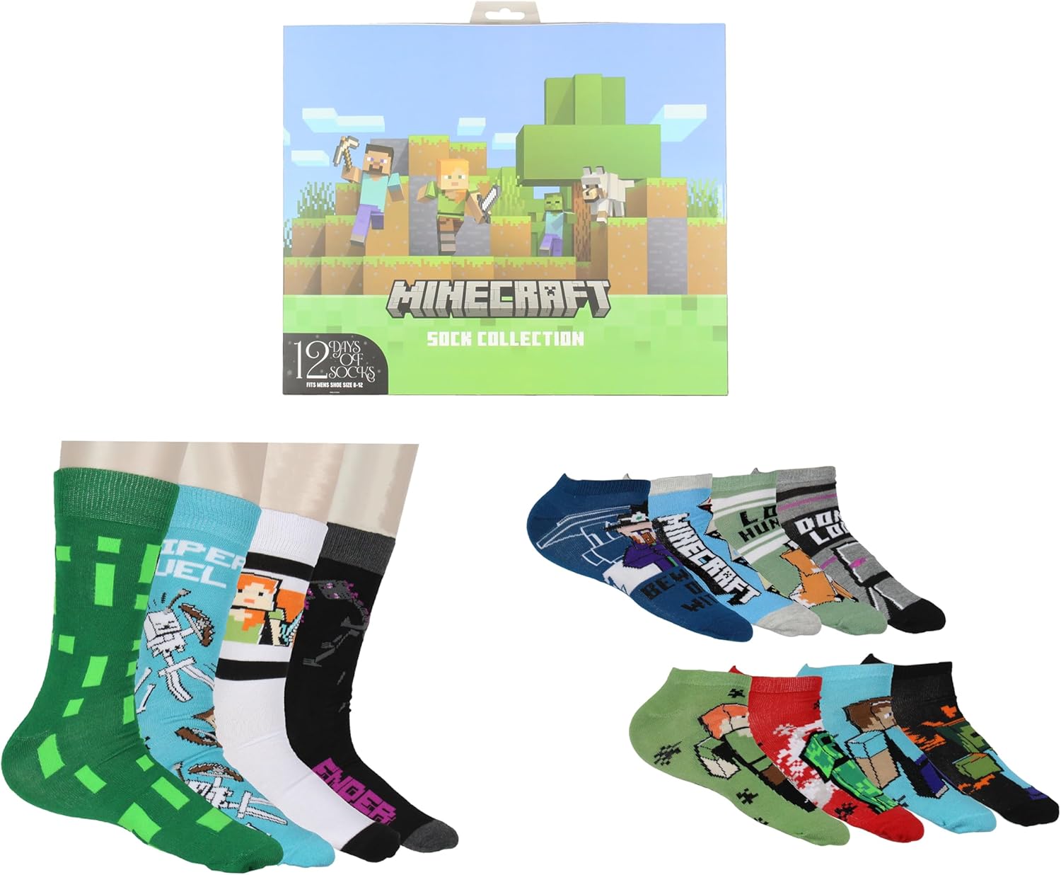 Amazon.com: Bioworld Minecraft Men's 12 Days of Socks Adult Ankle and ...