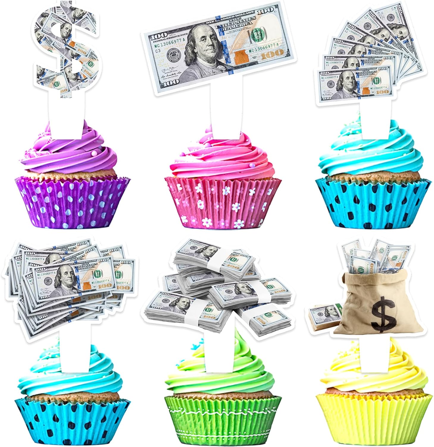 Amazon.com: 24pcs Banknote Cupcake Toppers Happy Birthday Dollar Sign ...