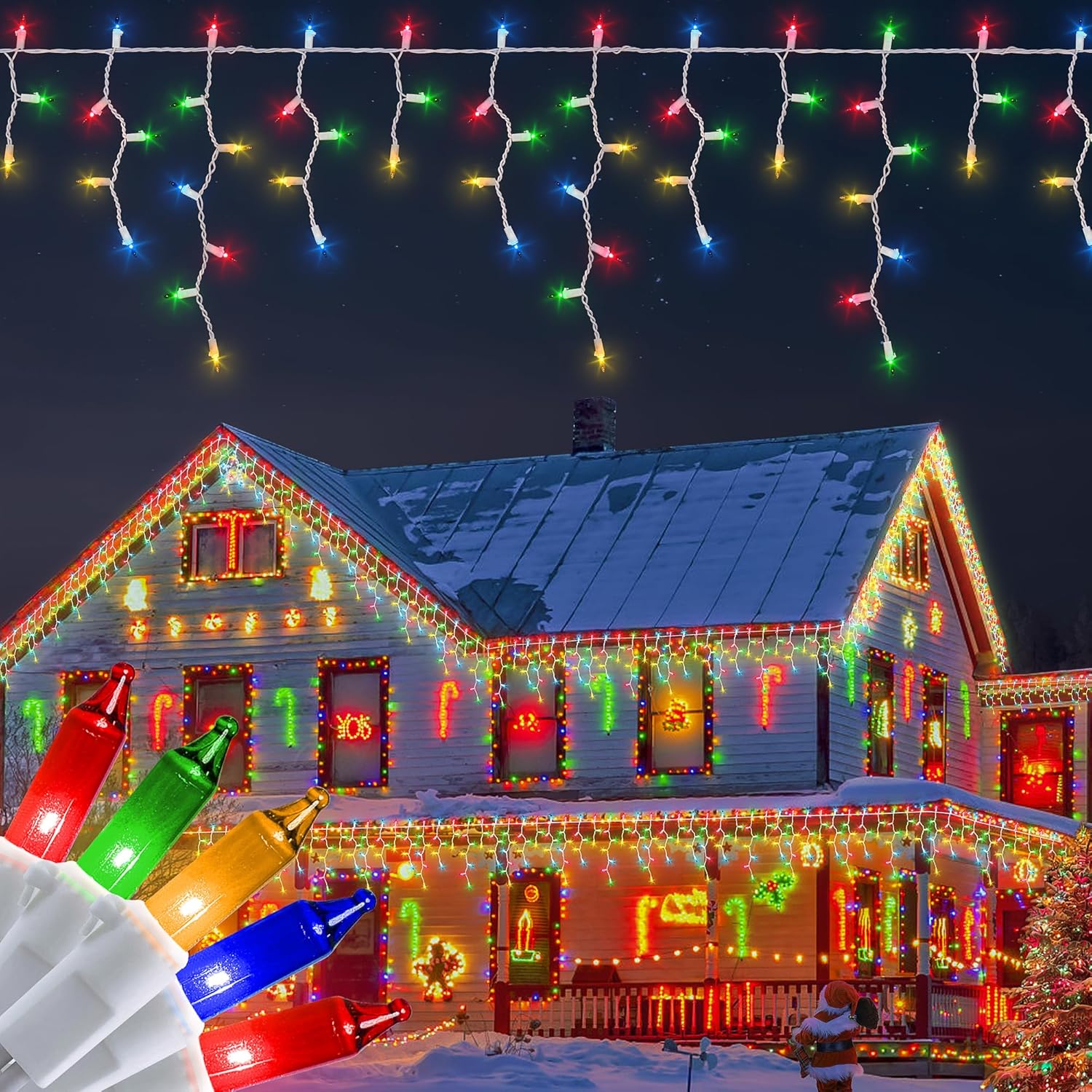 BEEWIN Icicle Christmas Lights Outdoor,23FT 200 Count Multicolor Icicle ...
