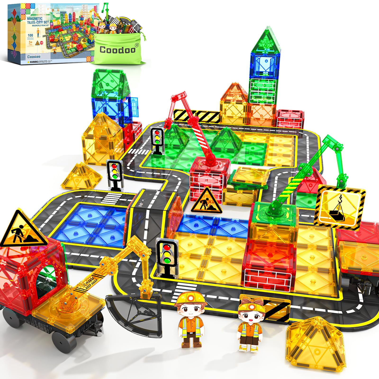 Amazon.com: 100 PCS Magnetic Tiles Road Set with 3 Cranes & 2 Cars ...