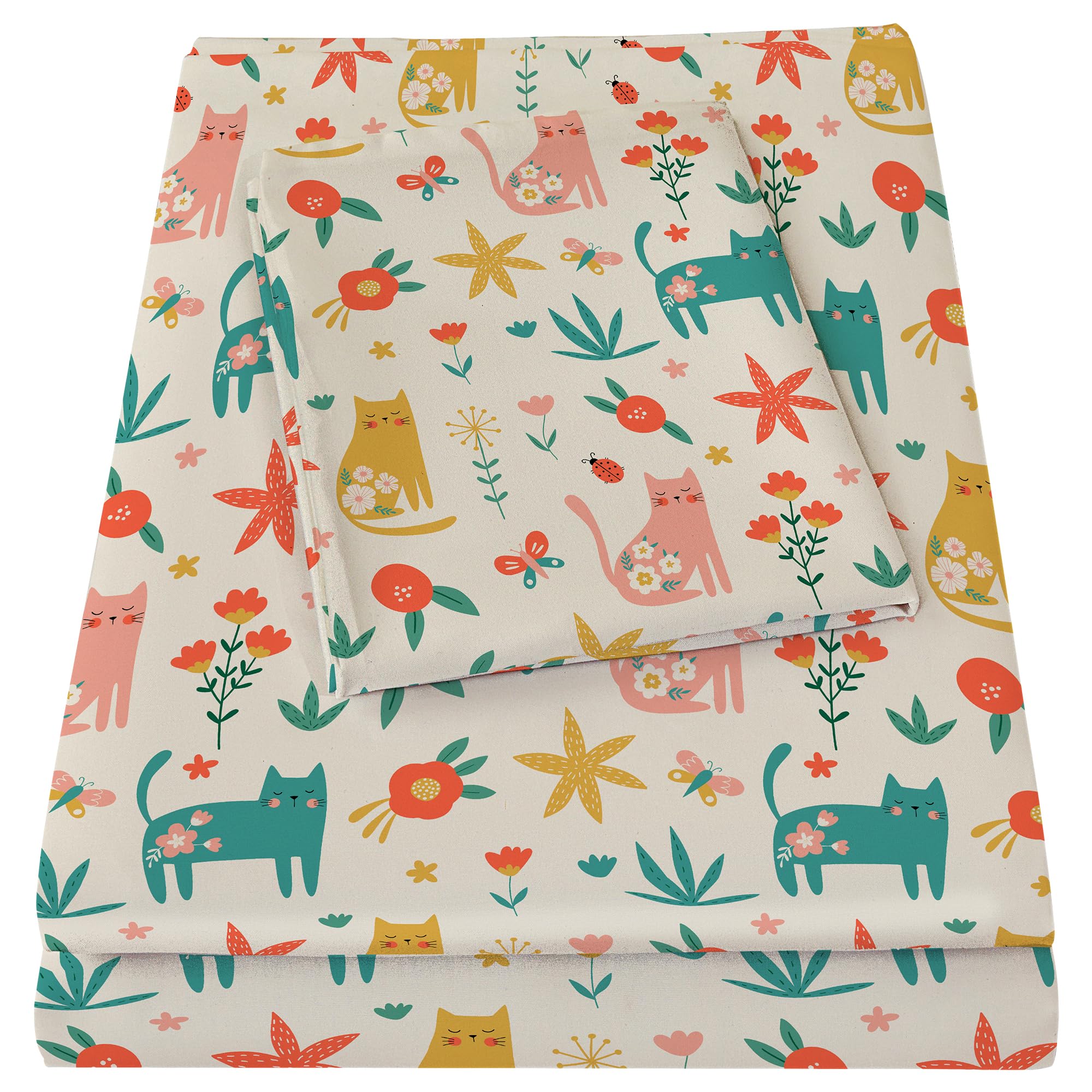 Amazon.com: Bedmoon Girls Twin Sheets, Kids Cat Bed Sheet Set with Non ...