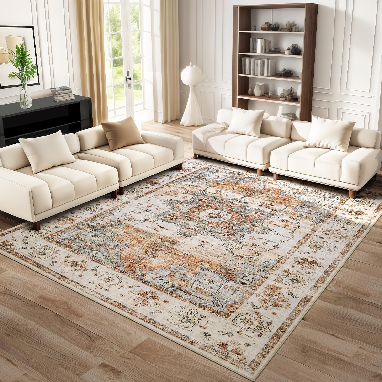 Vintage Living Room Area Rug 8x10 - Large Washable Soft Low-Pile Rugs ...