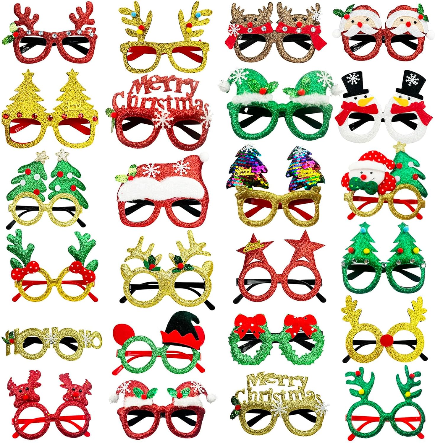 24 PCS Christmas Glitter Party Eyeglasses,Novelty Christmas Glasses ...