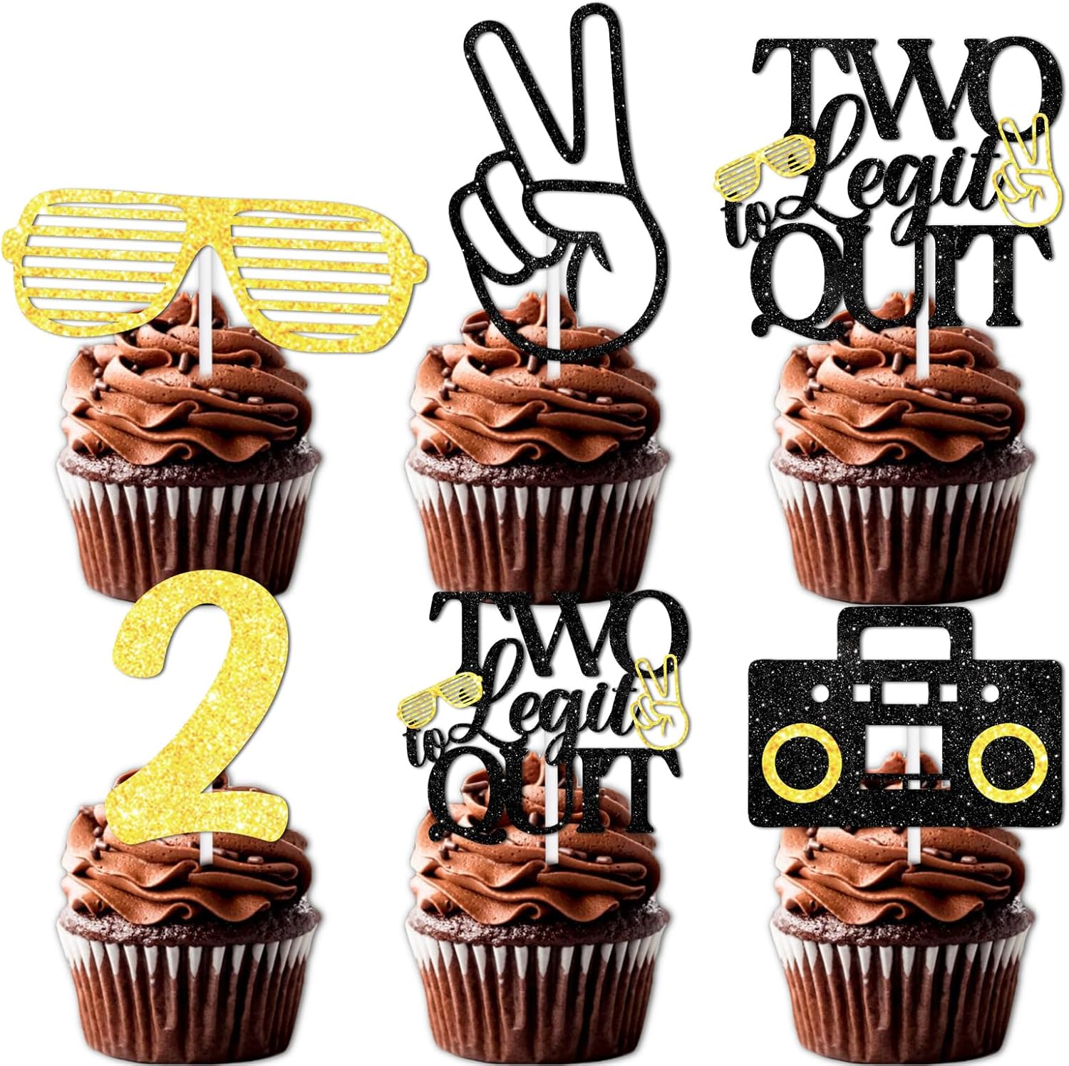 Amazon.com: 18pcs Black Gold Glitter Dessert Cupcake Topper Retro Radio ...
