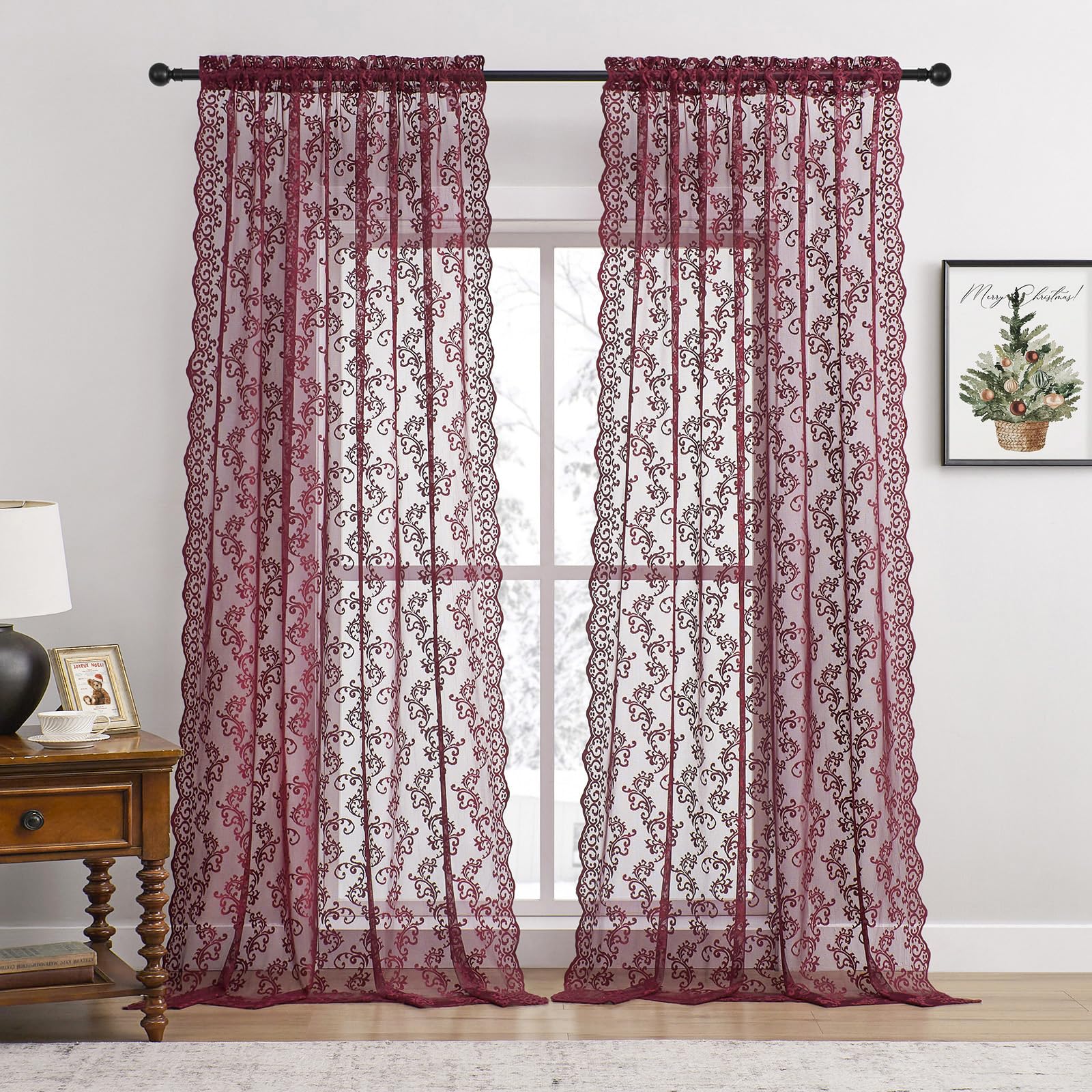 Amazon.com: Burgundy Lace Curtains 84 Inches Long 2 Panels Modern ...