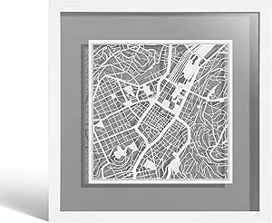 Amazon.com: O3 Design Studio Stuttgart 切割地圖裱框,白色地圖,白色框架,9 x 9 英吋(約 22.9 ...