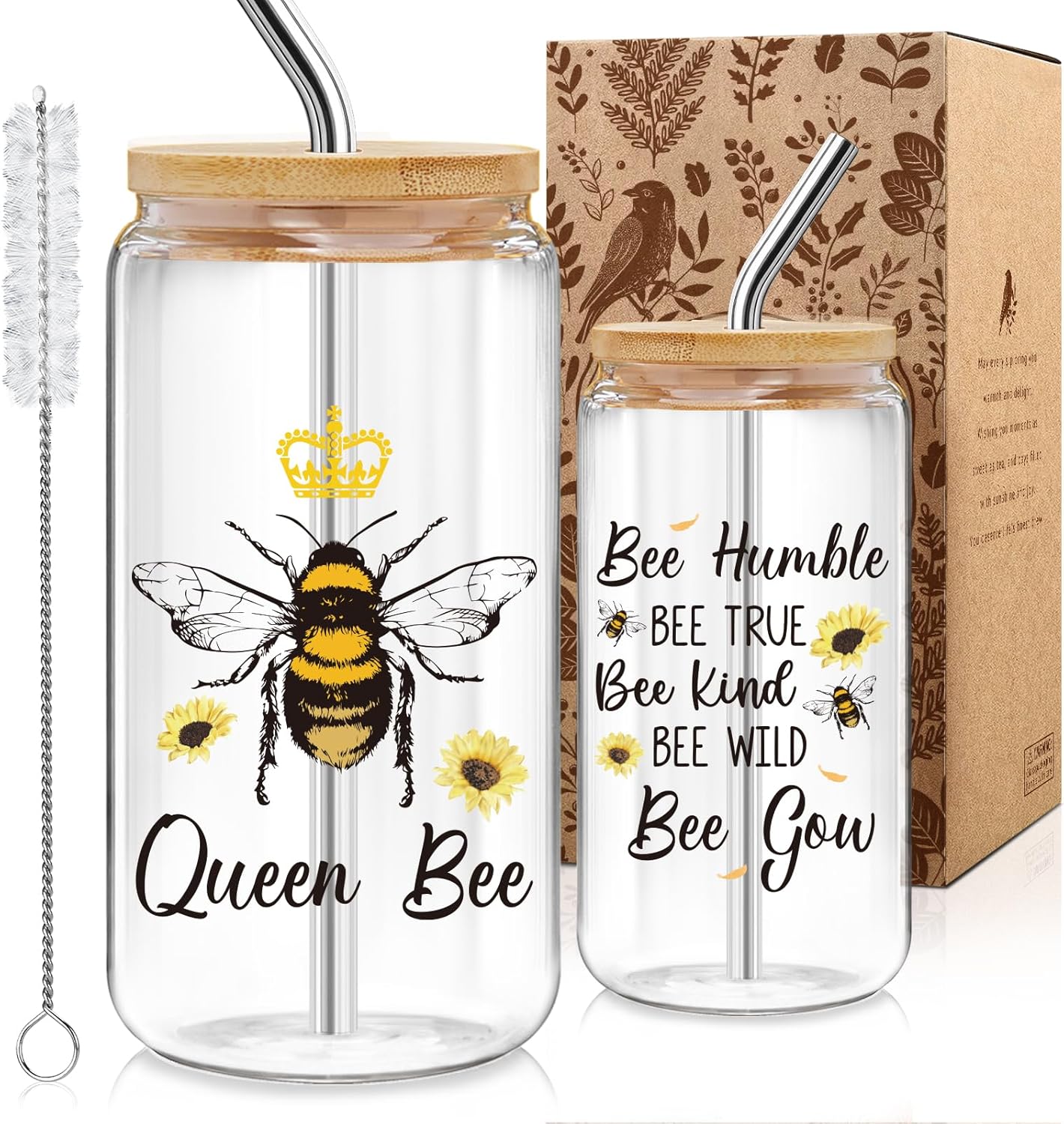 Amazon.com | Glass Cup Gifts for Bee Lover - 16oz Floral Bee Design ...