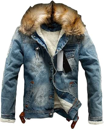PHJTOMK Men's Faux Fur Collar Denim Jacket Sherpa Fleece Lined Trucker ...